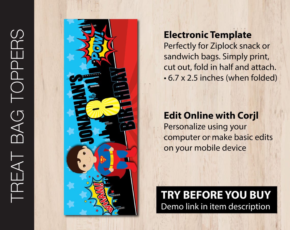 Editable SUPERHERO Birthday Treat Bag Topper | Candy Bag | Goodie Bag ...