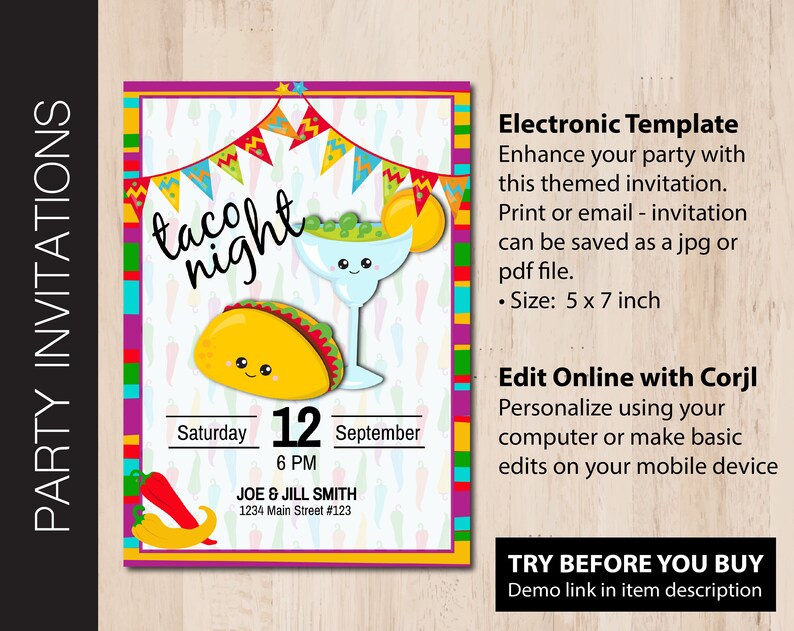 Editable TACO NIGHT Party Invitation | Taco Bar | Margarita Party ...