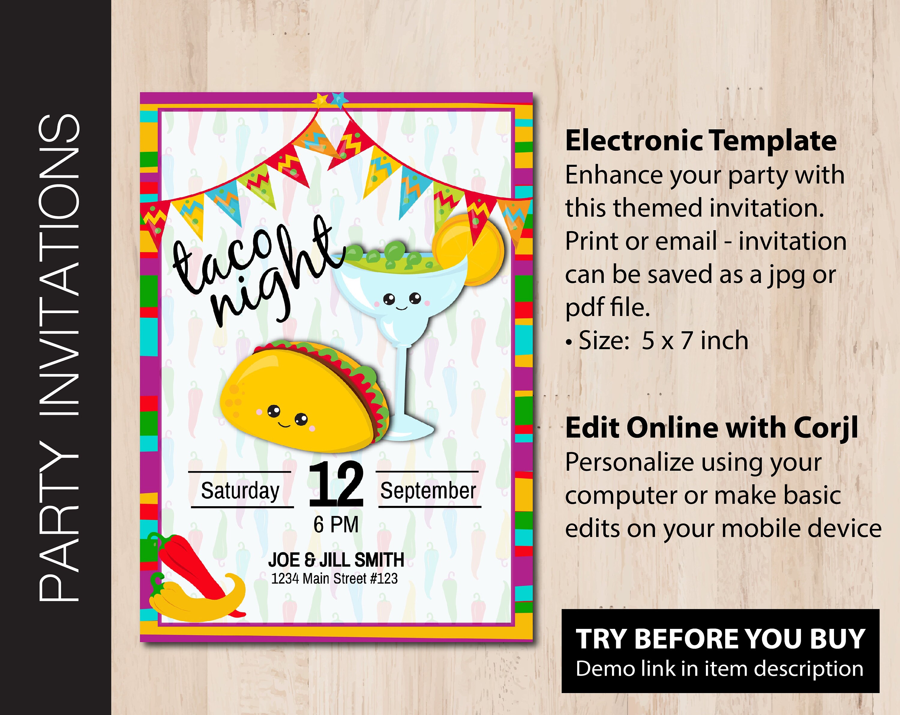 Editable TACO NIGHT Party Invitation | Taco Bar | Margarita Party ...