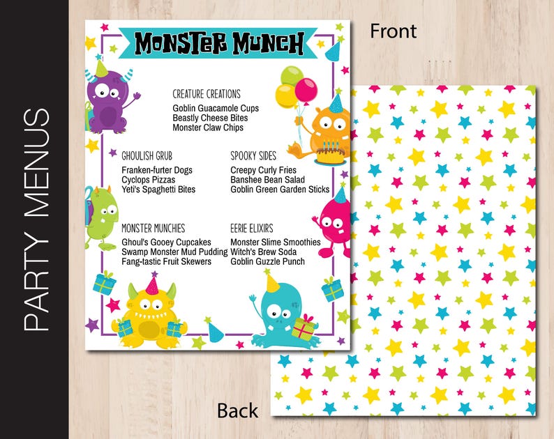 Editable MONSTER Party Menu Food Menu Drink Sign Concessions Kid ...