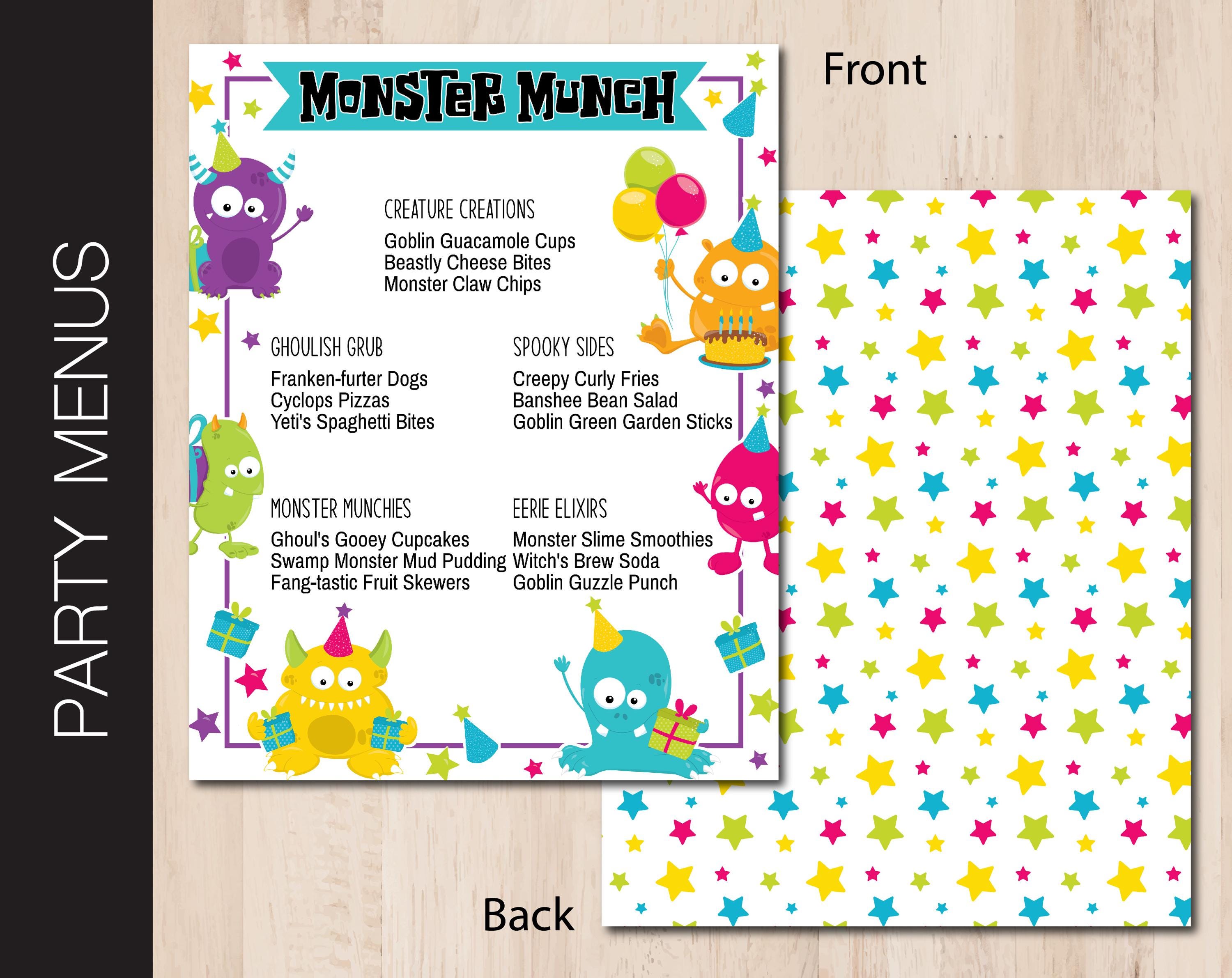 Editable MONSTER Party Menu | Food Menu | Drink Sign | Concessions ...
