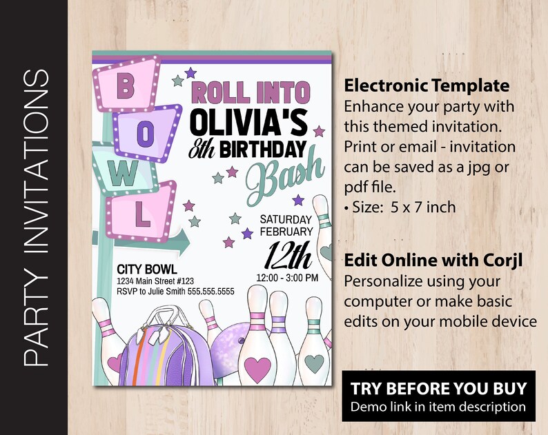 Editable BOWLING Party Invitation | Birthday Celebration Invite ...