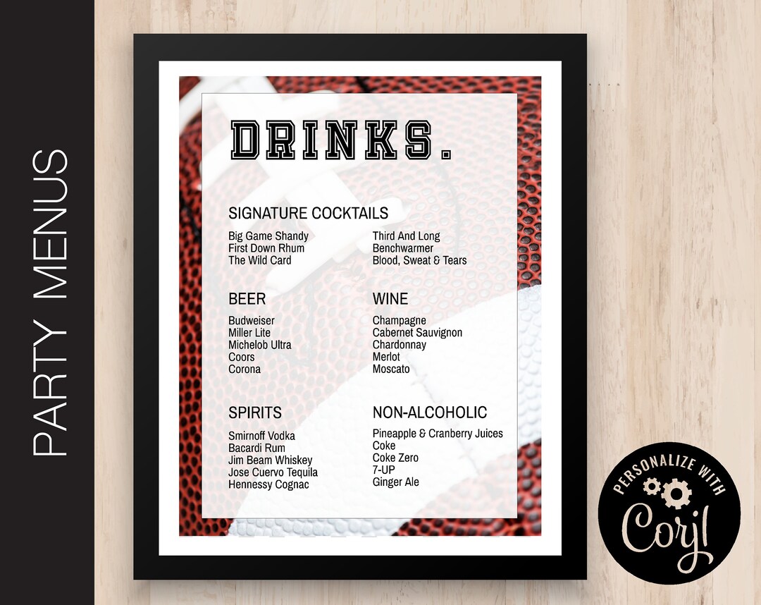 Editable FOOTBALL Party Bar Menu Game Day Drink Sign Big Game Cocktail ...