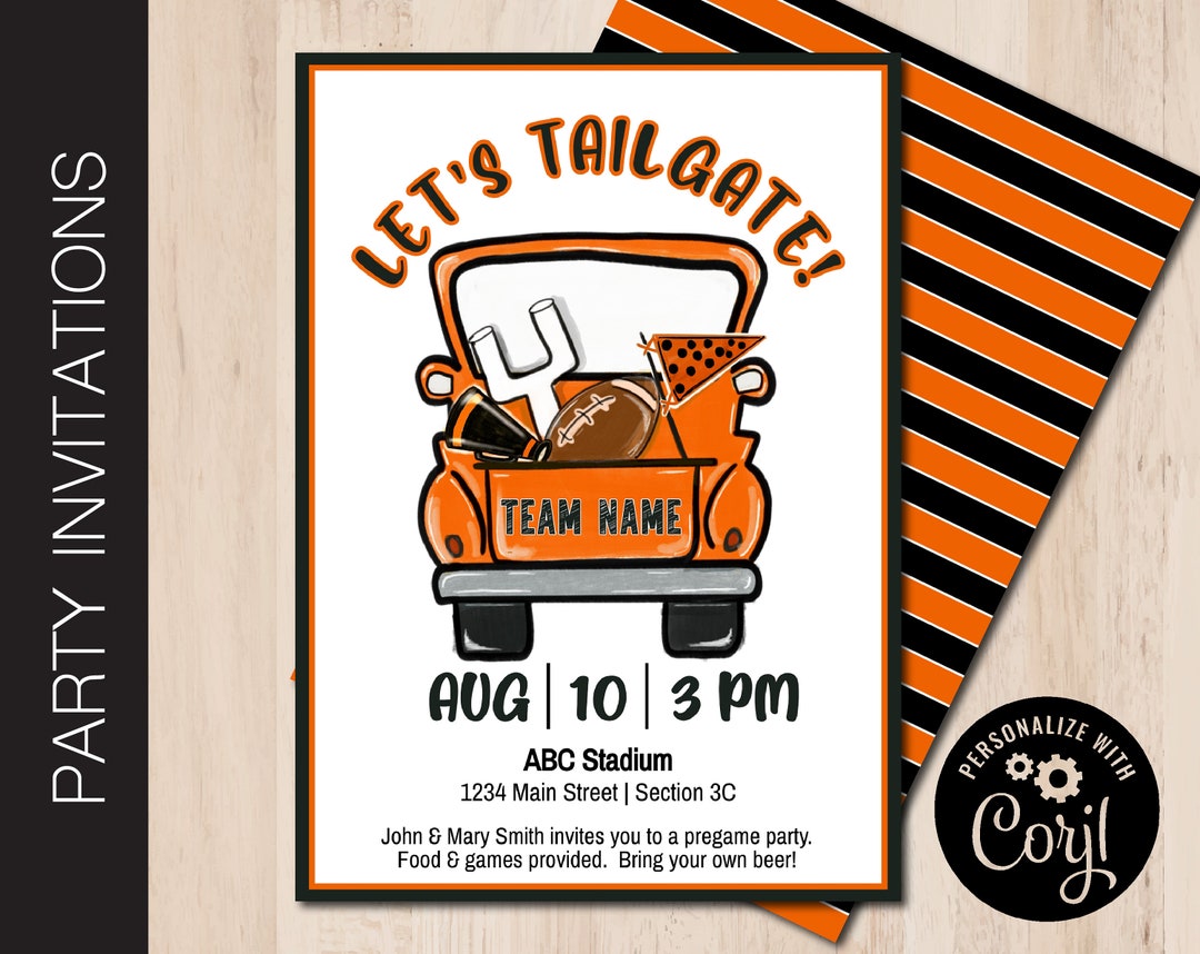 Editable TAILGATE Party Invitation Game Day Football Invite Orange ...