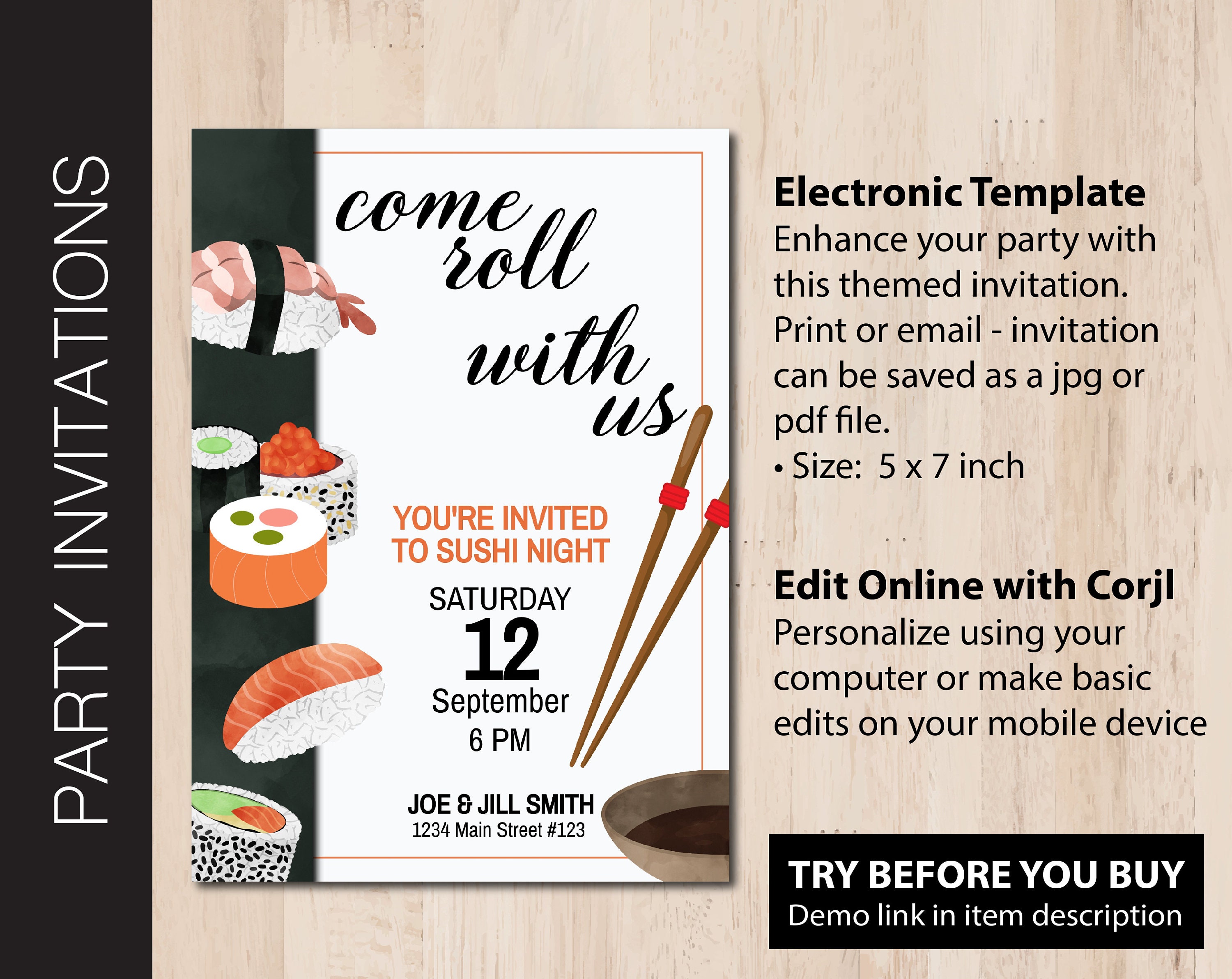 Editable SUSHI PARTY Invitation | Sushi Night | Dinner Party | Print or ...