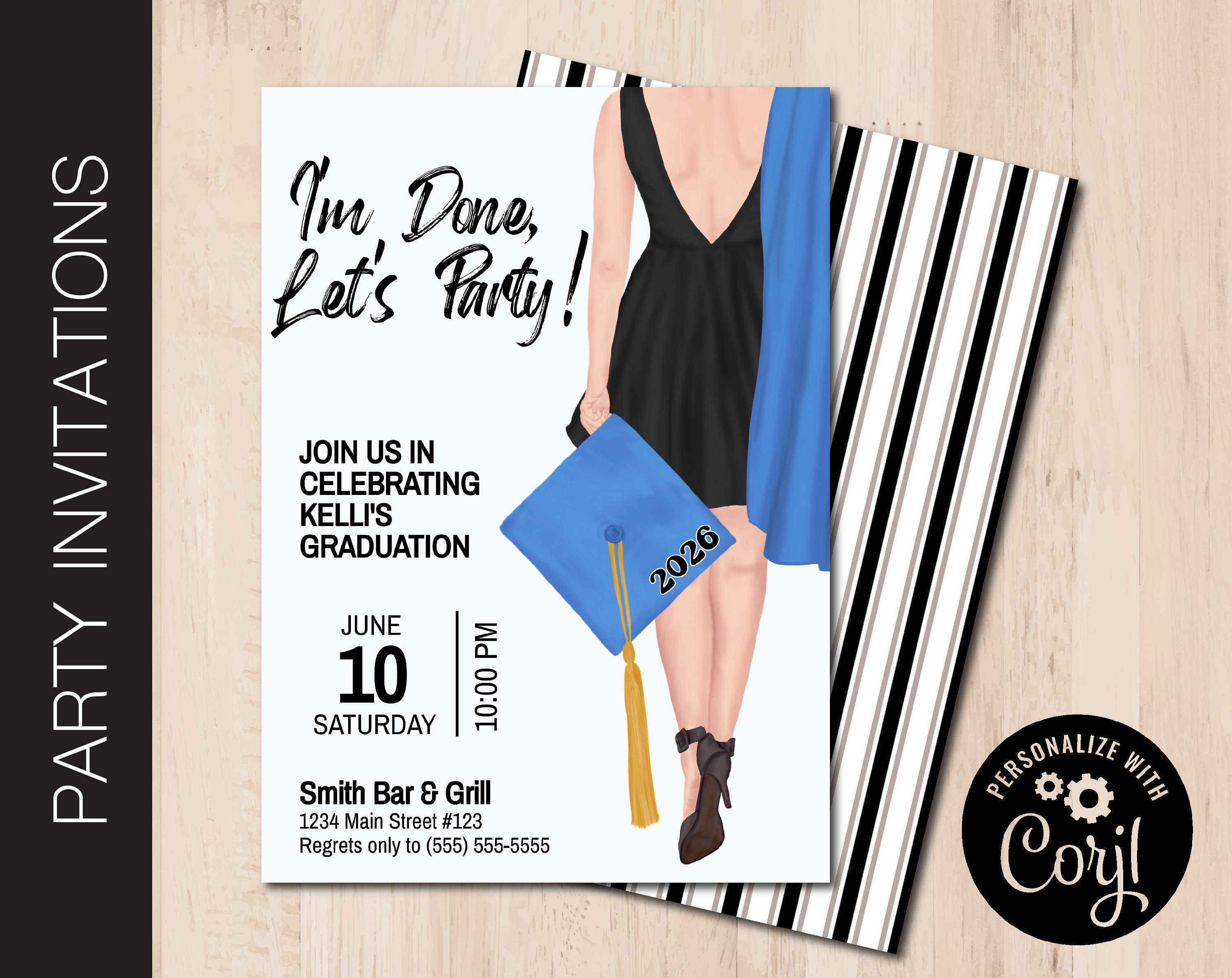 Editable GRADUATION Party Invitation Light Skin Tone Grad Celebration 7 ...