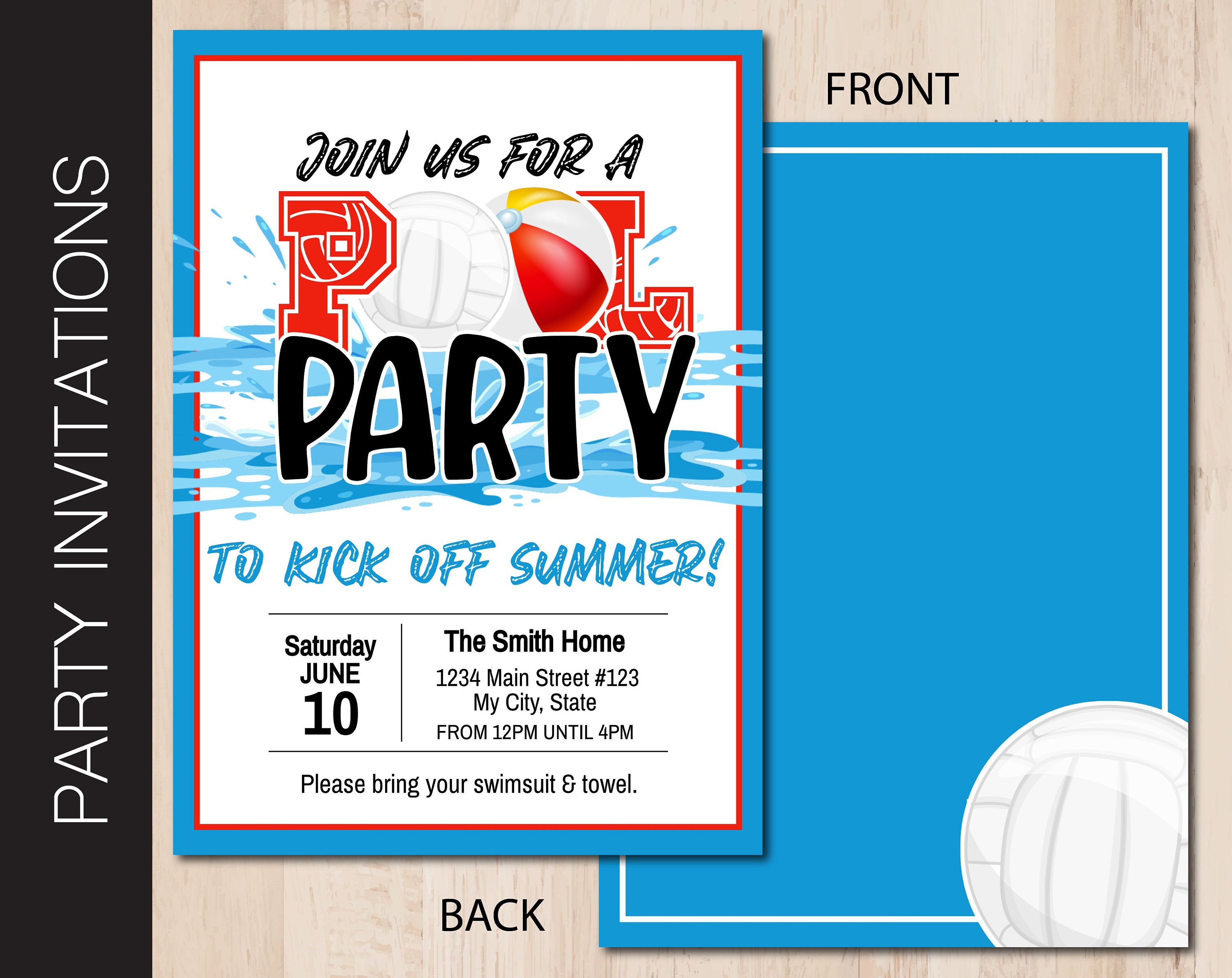 Editable VOLLEYBALL Themed Pool Party Invitation | Volleyball Party ...