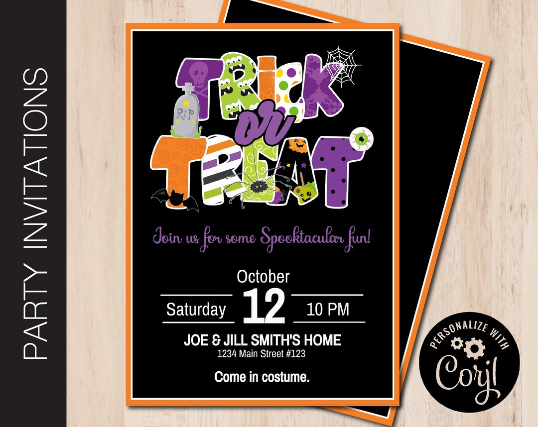 Editable TRICK OR TREAT Halloween Party Invitation | Halloween Party ...