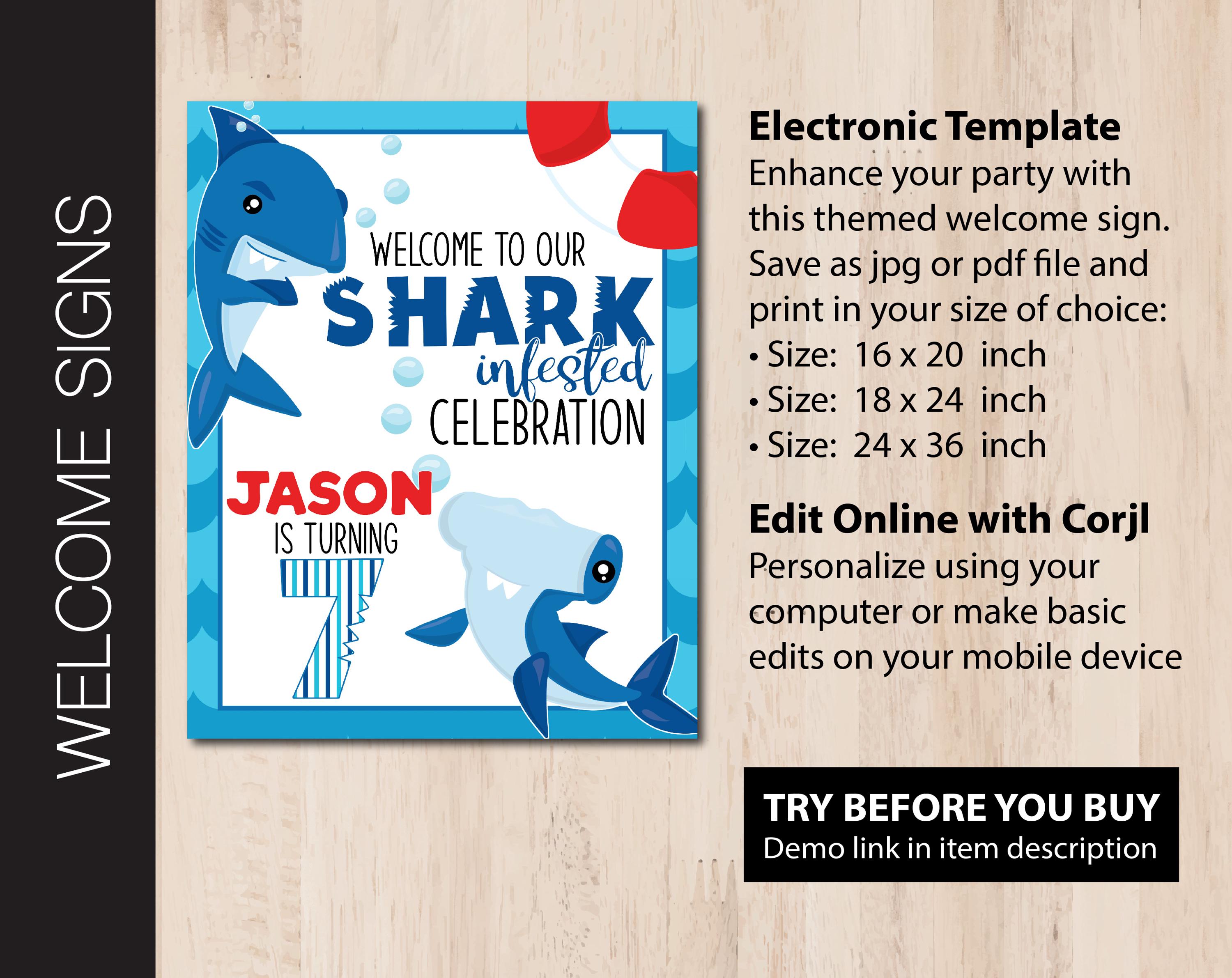 Editable SHARK Party Welcome Sign | Reception Sign | Entrance Display ...