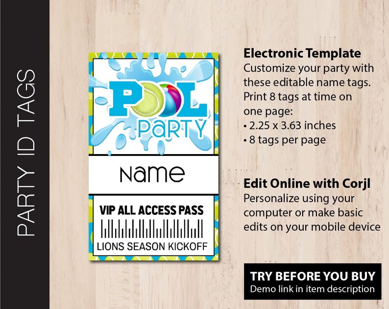 Editable TENNIS Party ID Tag | Vip All Access Pass | ID Badge | Name ...