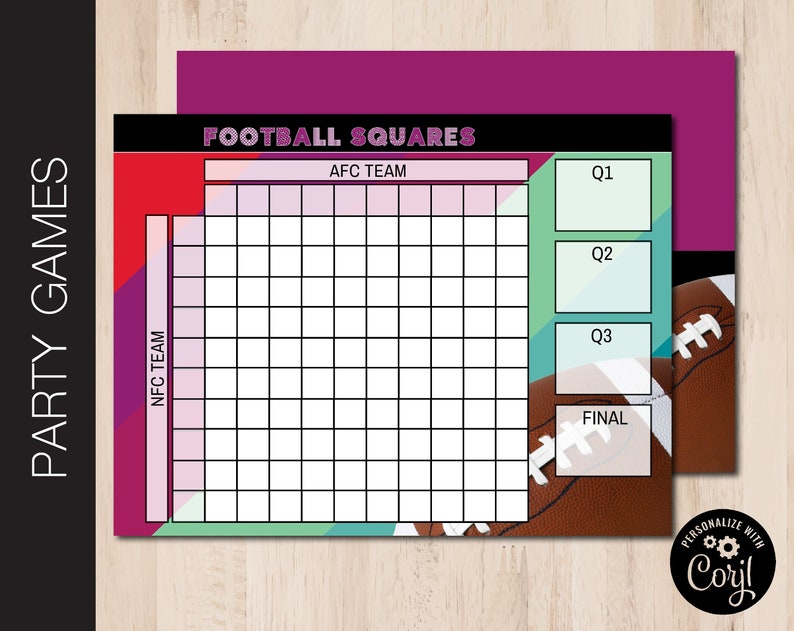 Printable FOOTBALL Squares | Football Boxes Game | 8 X 10 Inch | 100 ...