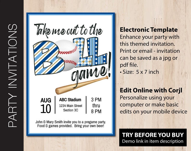 Editable TAILGATE Party Invitation | Game Day | Baseball Invite | Blue ...