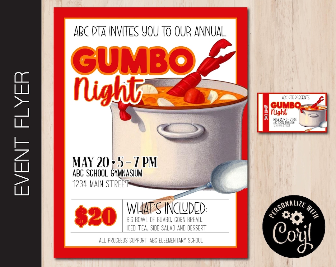 Editable Gumbo Night Flyer | Custom Gumbo Dinner Event Invitation ...
