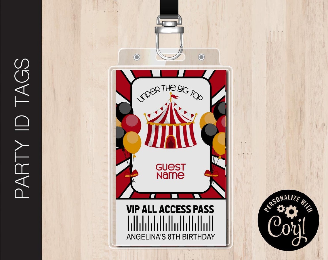 Editable CIRCUS Party ID Tag | Vip All Access Pass | ID Badge | Name ...