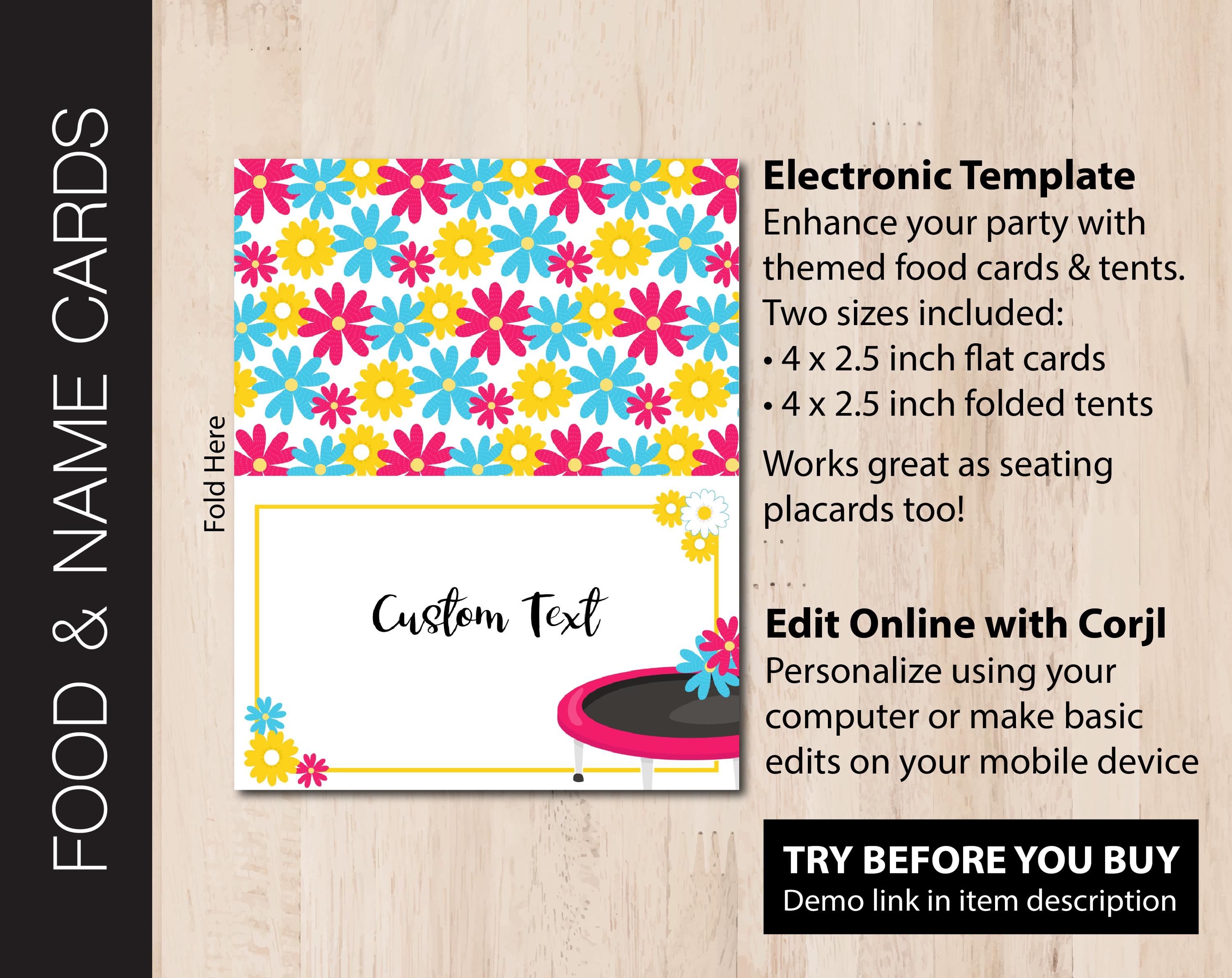 Editable JUMP Party Food Label Tents | Gymnastics Party Food Placards ...