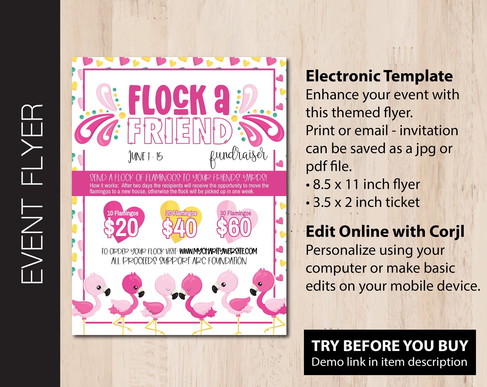 Editable Flock a Friend Fundraiser Flyer | Custom Flamingo Yard Surprise | Flamingo Flocking ...
