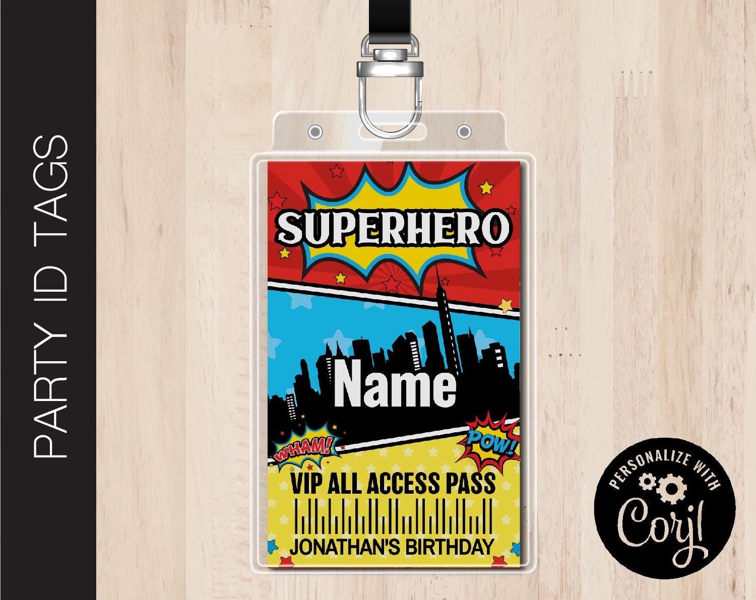 Editable SUPERHERO Party ID Tag | Vip All Access Pass | ID Badge | Name ...