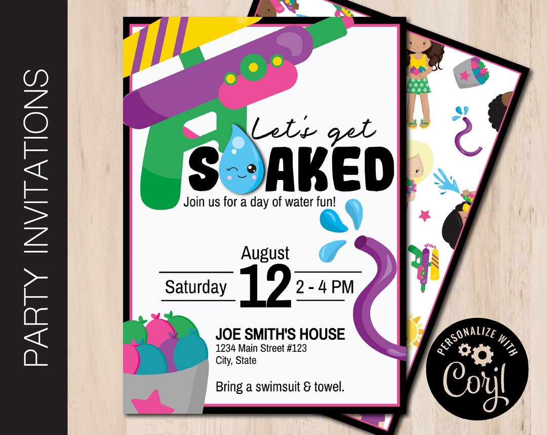 Editable SPLASH Party Invitation Water Balloon Super Soaker Water Fight ...
