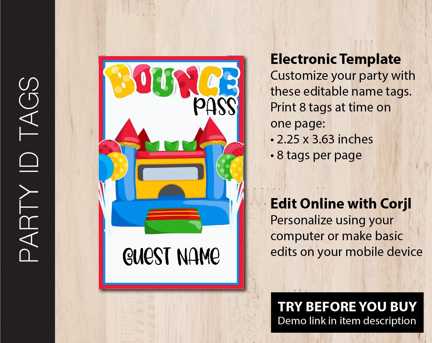 Editable BOUNCE HOUSE Party ID Tag | Vip All Access Pass | Id Badge ...