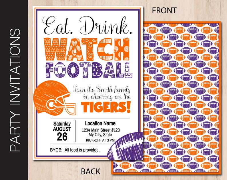 Editable FOOTBALL WATCH Party Invitation | Orange & Purple Colors ...