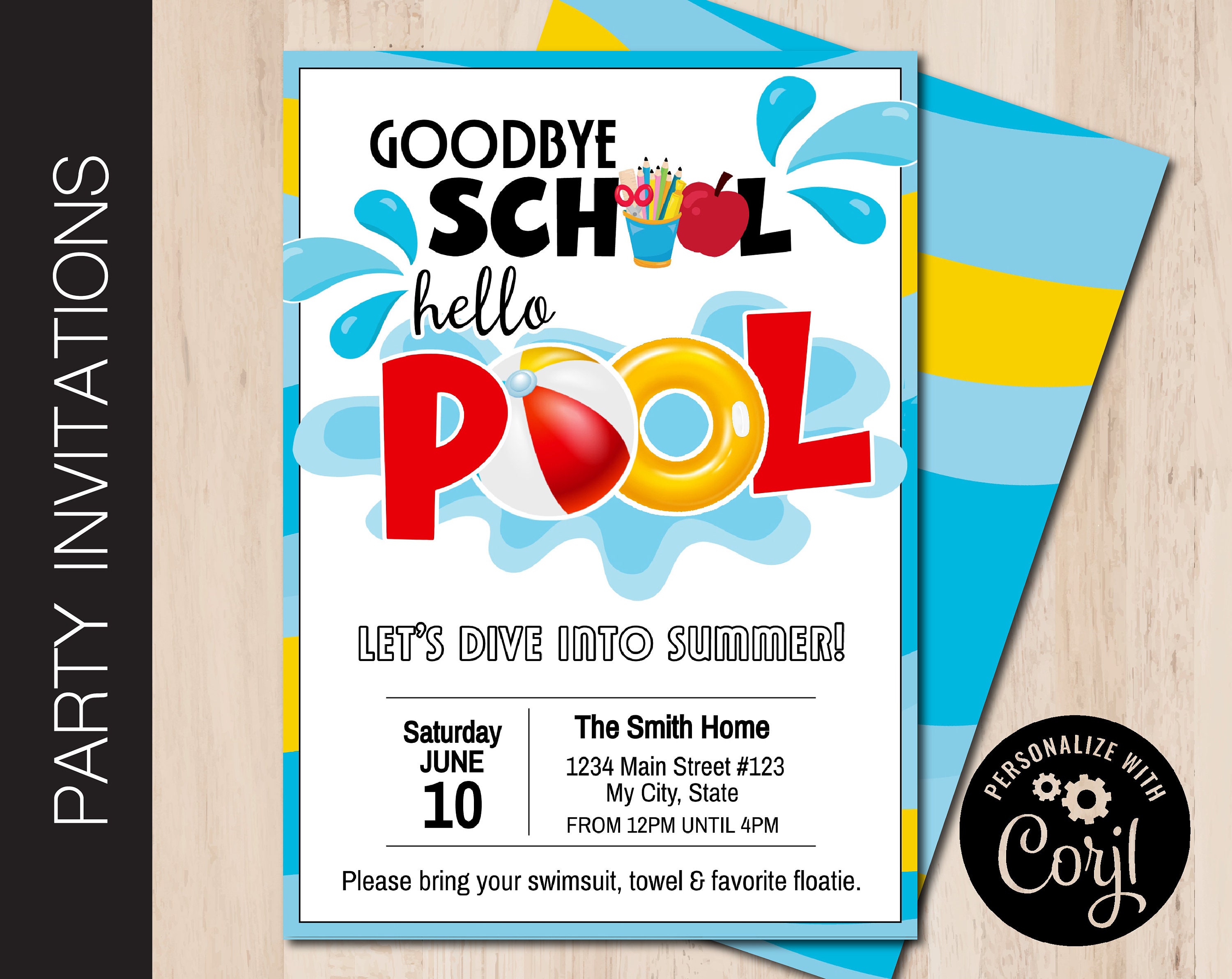 Editable POOL Party Invitation Goodbye School Hello Pool End of School ...