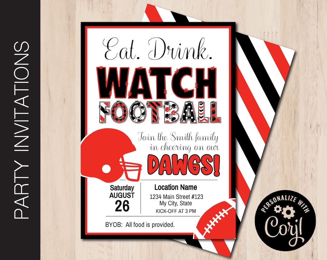 Editable FOOTBALL WATCH Party Invitation Bulldog Red & Arch Black Game ...