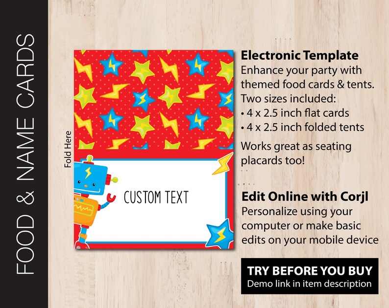 Editable TOY ROBOTS Party Food Label Tent | STEM Birthday Party Food ...