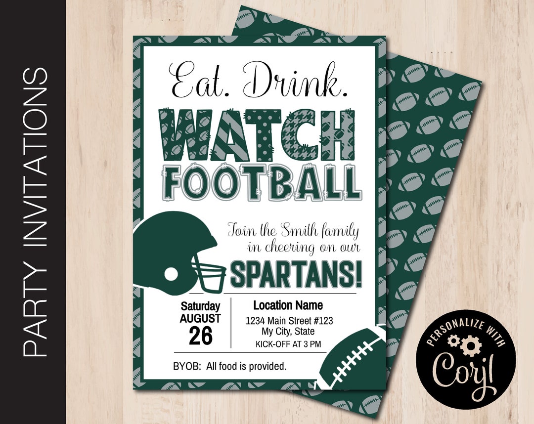 Editable FOOTBALL WATCH Party Invitation Green & White Colors Game Day ...