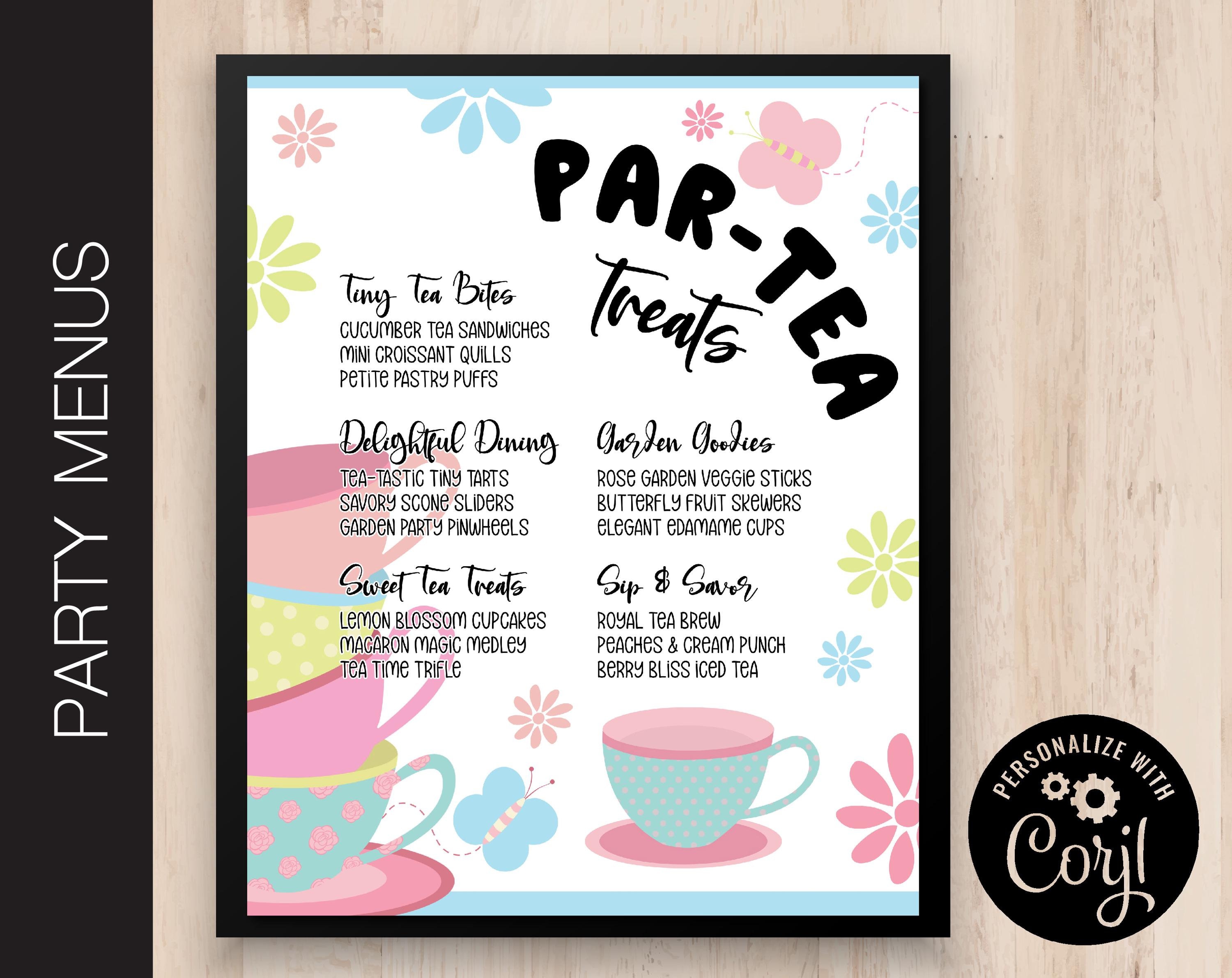 Editable PAR-TEA Party Menu | Tea Party Food Menu | High Tea Menu | Kid ...