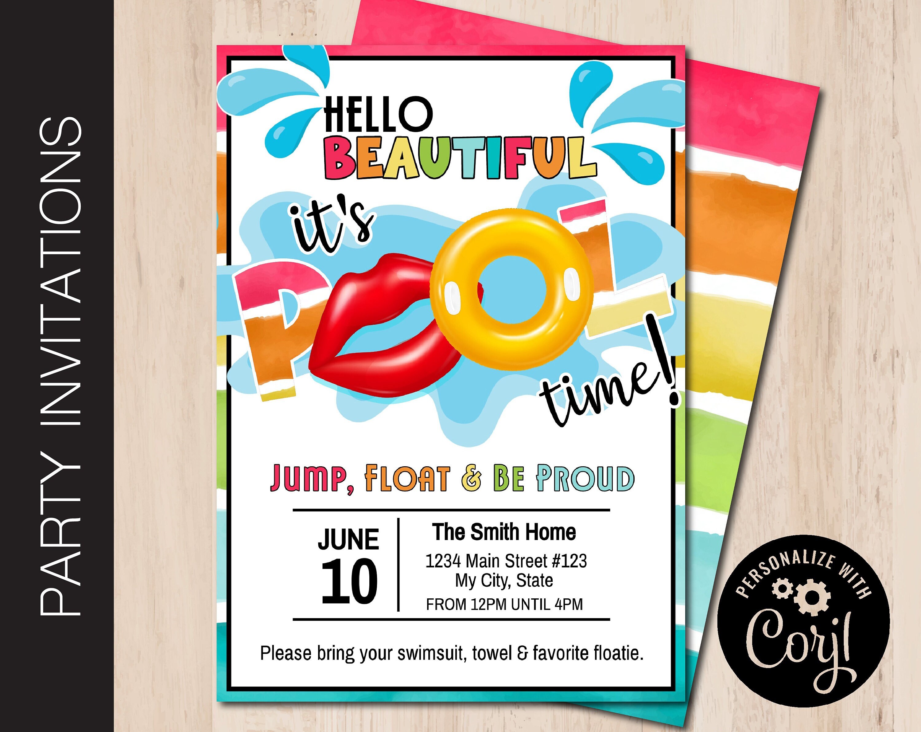 Editable PRIDE Pool Party Invitation | Be Proud | Rainbow Pool Party ...