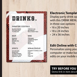 Editable FOOTBALL Party Bar Menu | Game Day Drink Sign | Big Game ...