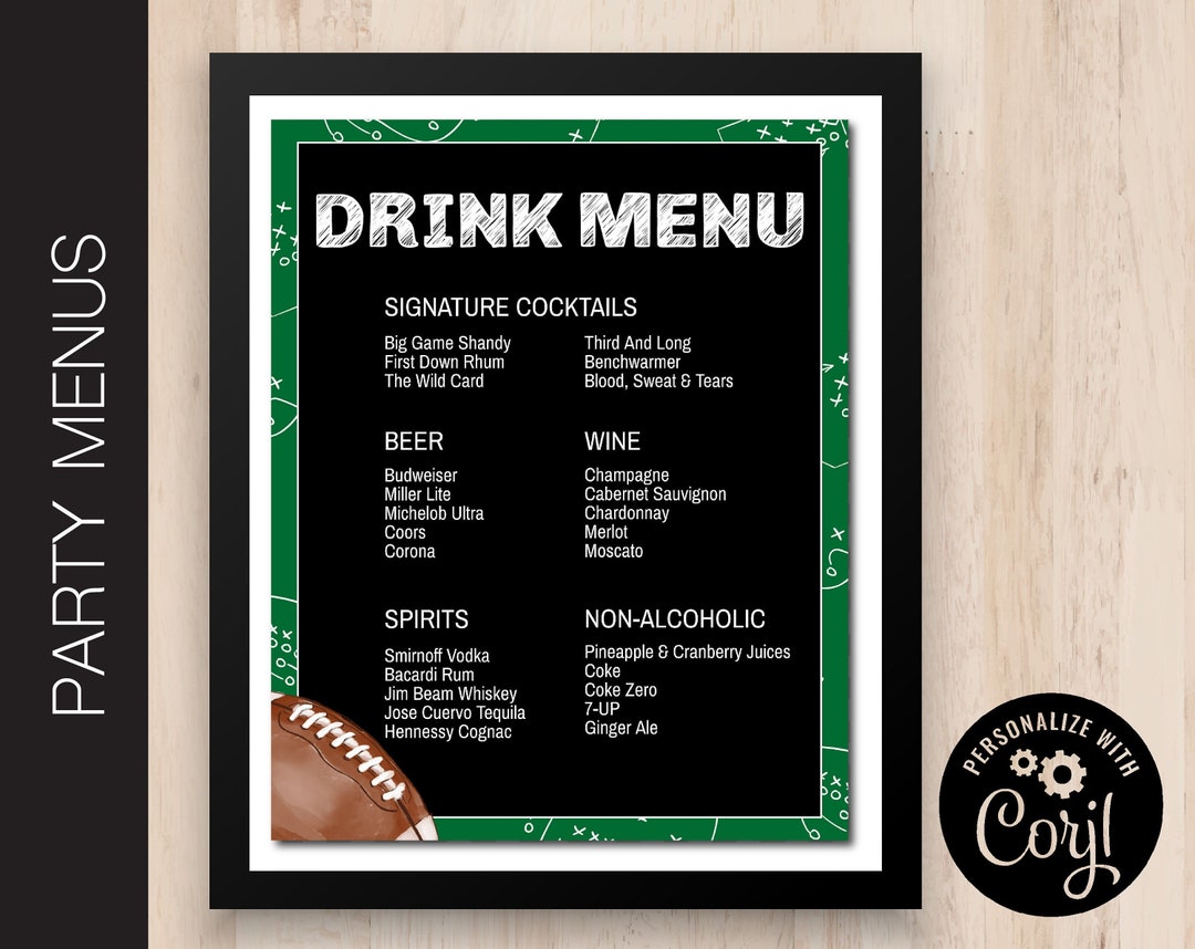 Editable FOOTBALL Party Bar Menu | Game Day Drink Sign | Big Game ...