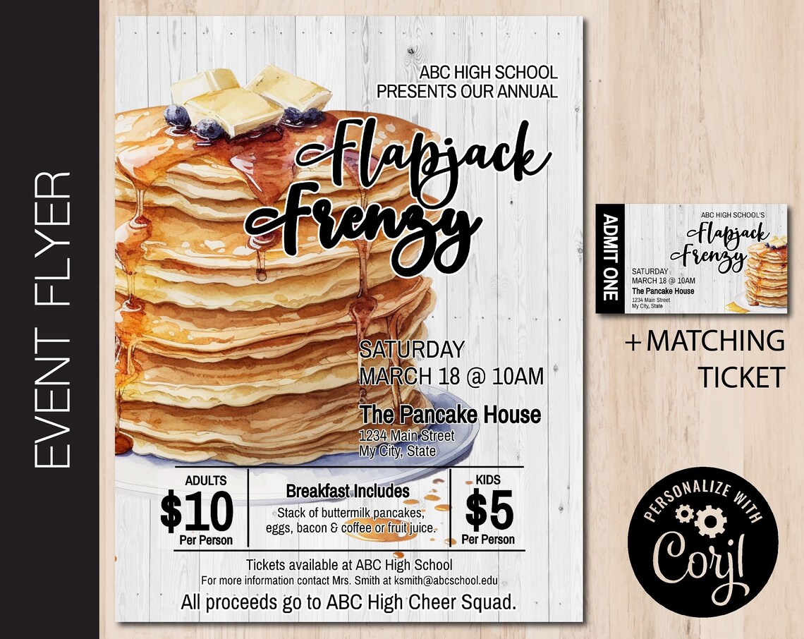 Editable Pancake Fundraiser Event Flyer | Custom Breakfast Charity ...