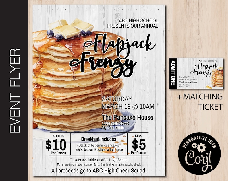Editable Pancake Fundraiser Event Flyer | Custom Breakfast Charity ...