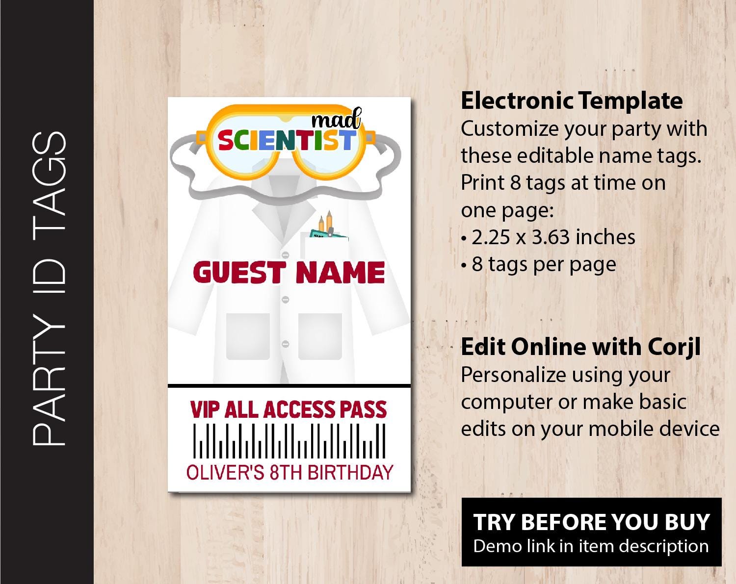 Editable SCIENCE Party ID Tag | Vip All Access Pass | ID Badge | Name ...