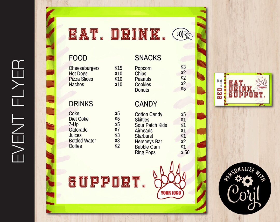 Editable Softball Concessions Stand Flyer | Snack Stand Menu | Food ...