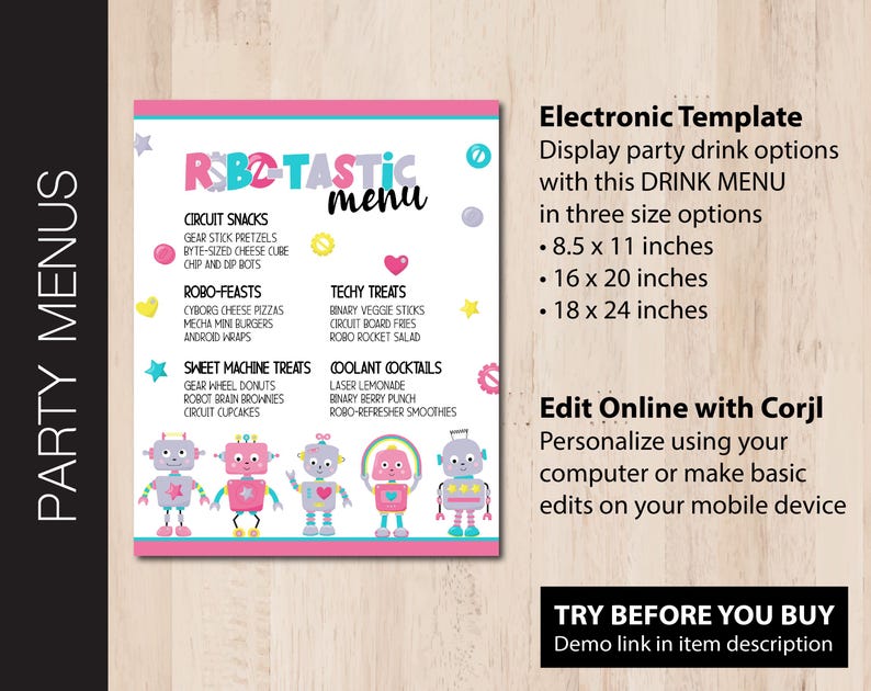 Editable ROBOTICS Party Menu | Food Menu | Drink Sign | Concessions ...