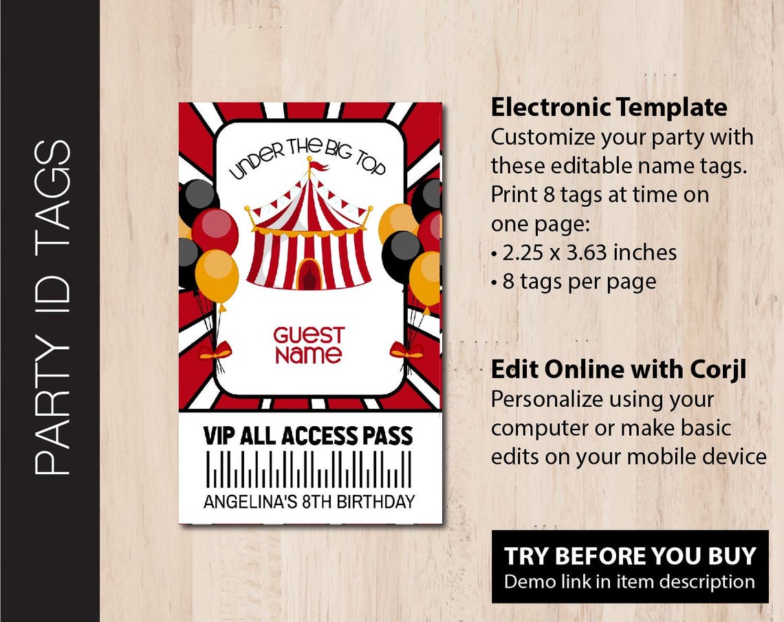 Editable CIRCUS Party ID Tag | Vip All Access Pass | ID Badge | Name ...