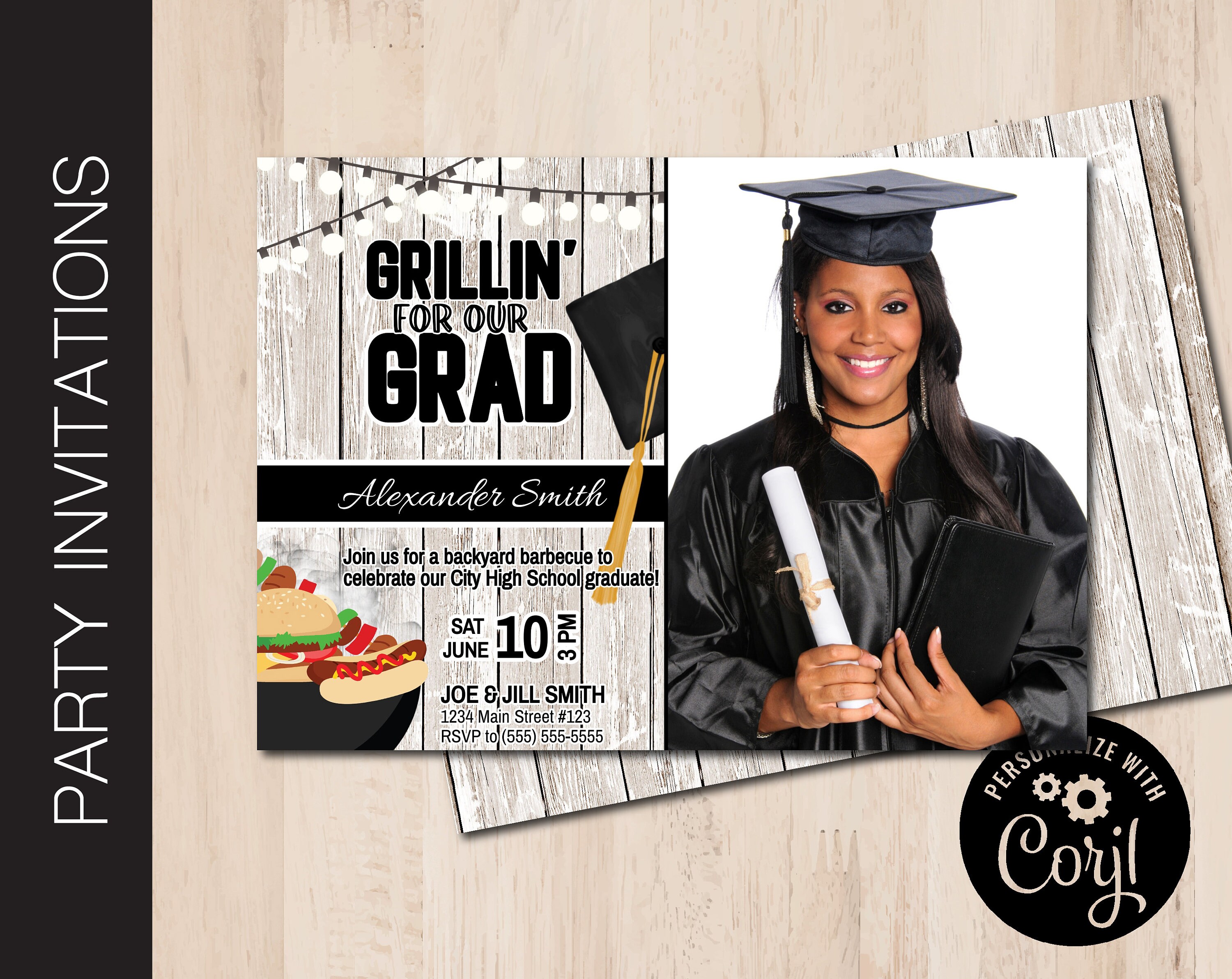 Editable GRILL for GRAD Party Invitation Graduation Barbecue BBQ Invite ...