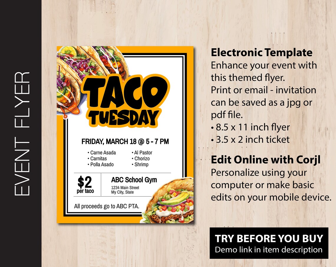 Editable Taco Night Flyer | Custom Taco Tuesday Event Invitation | Taco ...