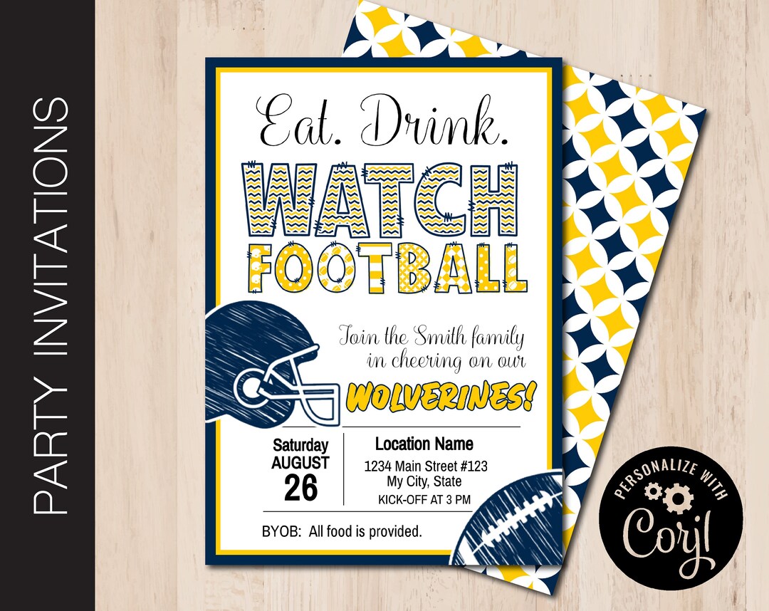 Editable FOOTBALL WATCH Party Invitation Blue & Maize Colors Game Day ...