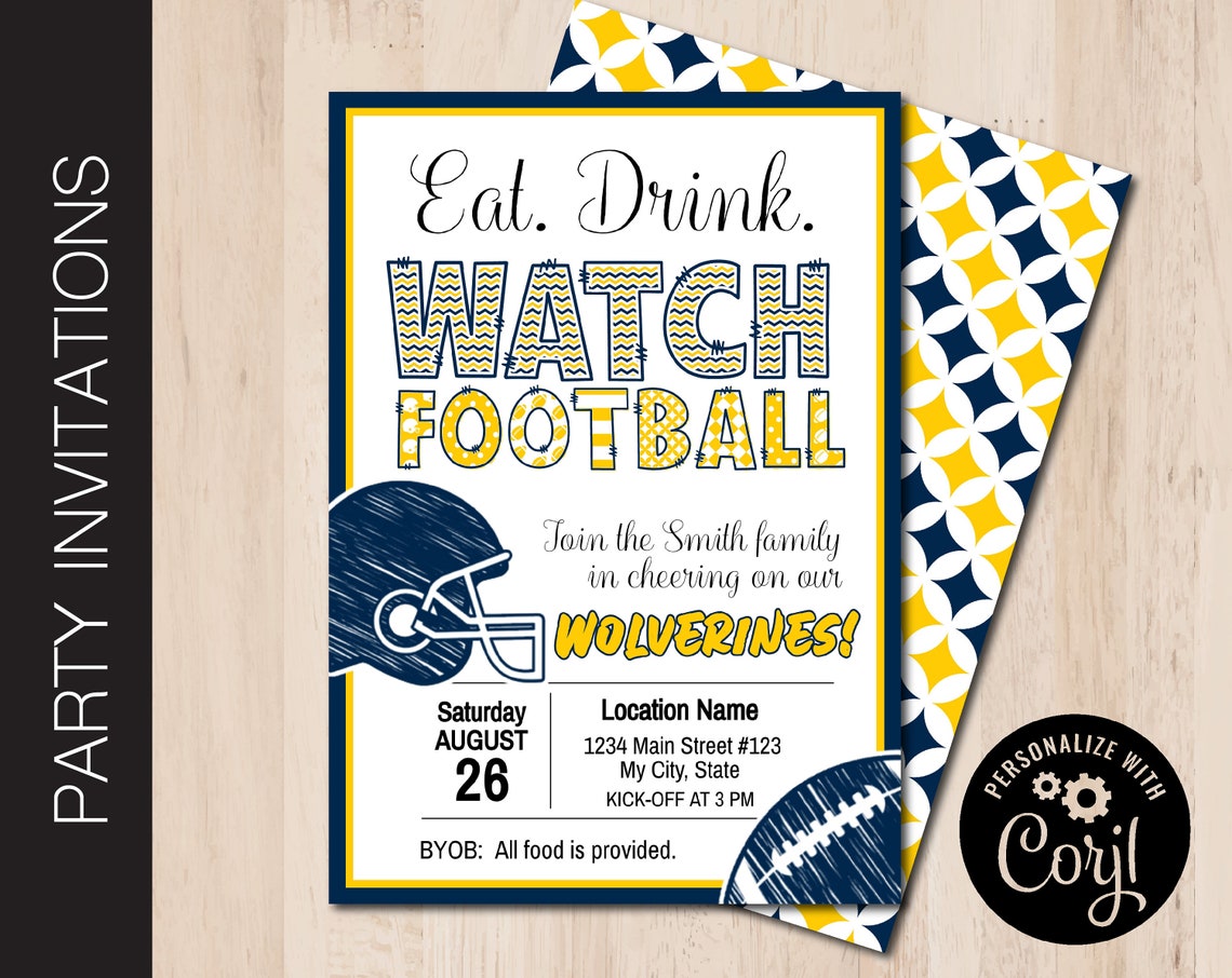 Editable FOOTBALL WATCH Party Invitation Blue & Maize Colors Game Day ...