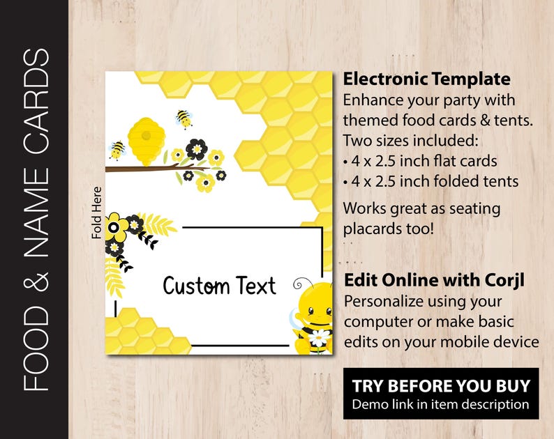 Editable Bee-day Party Food Label Tents | Party Food Placards | Party ...