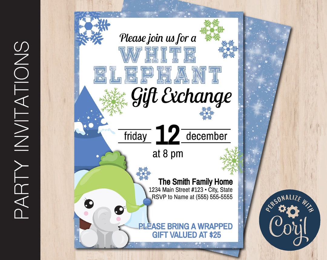 Editable WHITE ELEPHANT Gift Exchange Party Invitation Xmas Party ...