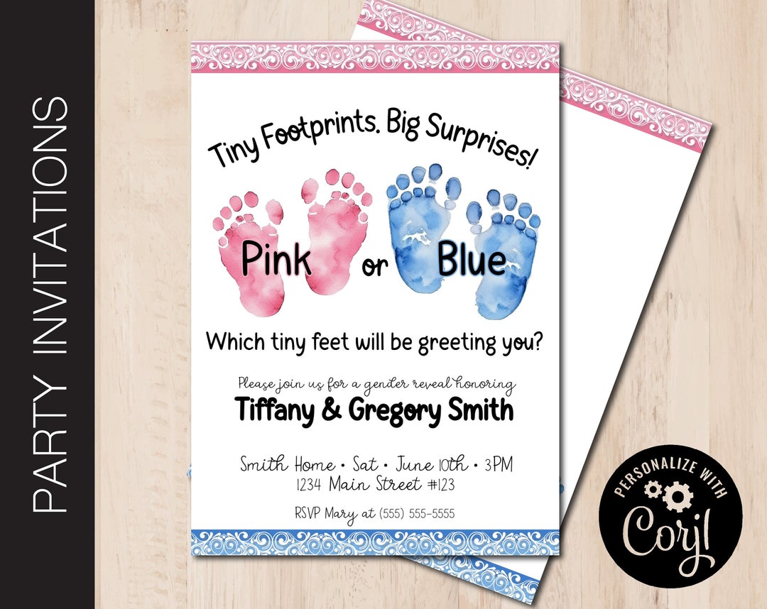 Editable Baby Footprints GENDER REVEAL Party Invitation | Reveal Party ...