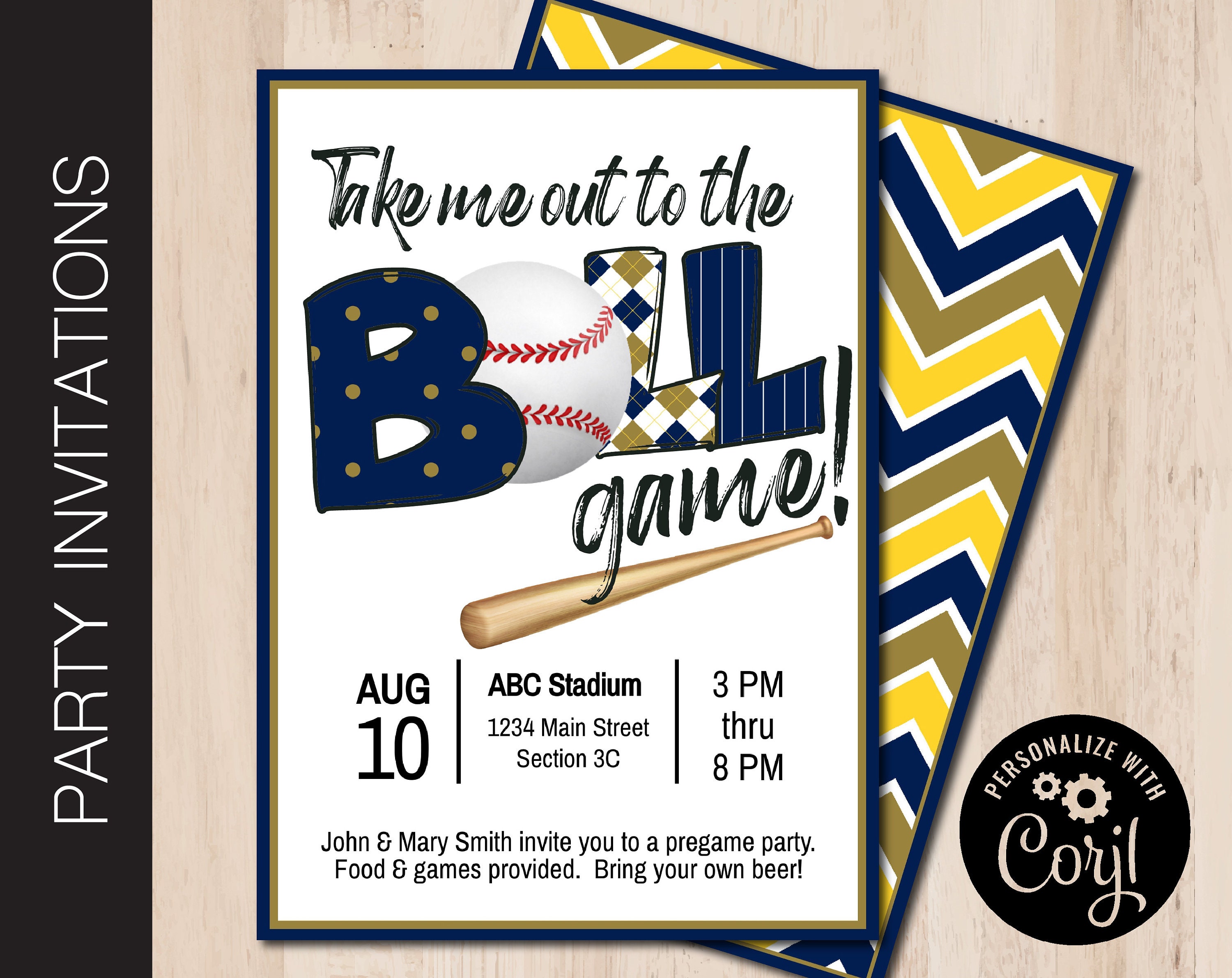 Editable TAILGATE Party Invitation Game Day Baseball Invite Blue Gold ...