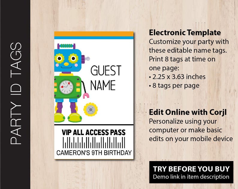 Editable ROBOTICS Party ID Tag | Vip All Access Pass | ID Badge | Name ...
