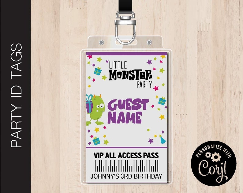 Editable MONSTERS Party ID Tag | Vip All Access Pass | Id Badge | Name ...