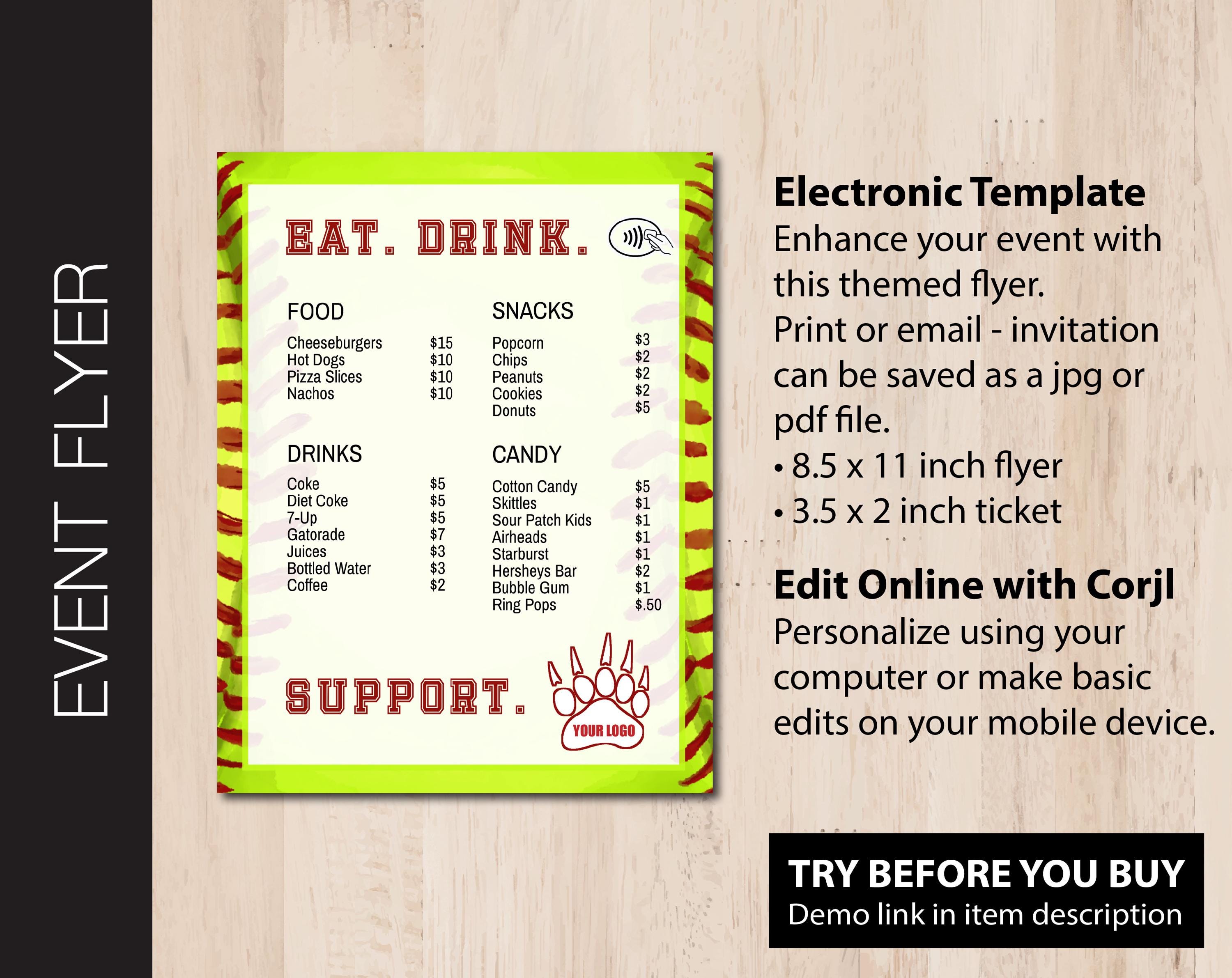 Editable Softball Concessions Stand Flyer | Snack Stand Menu | Food ...