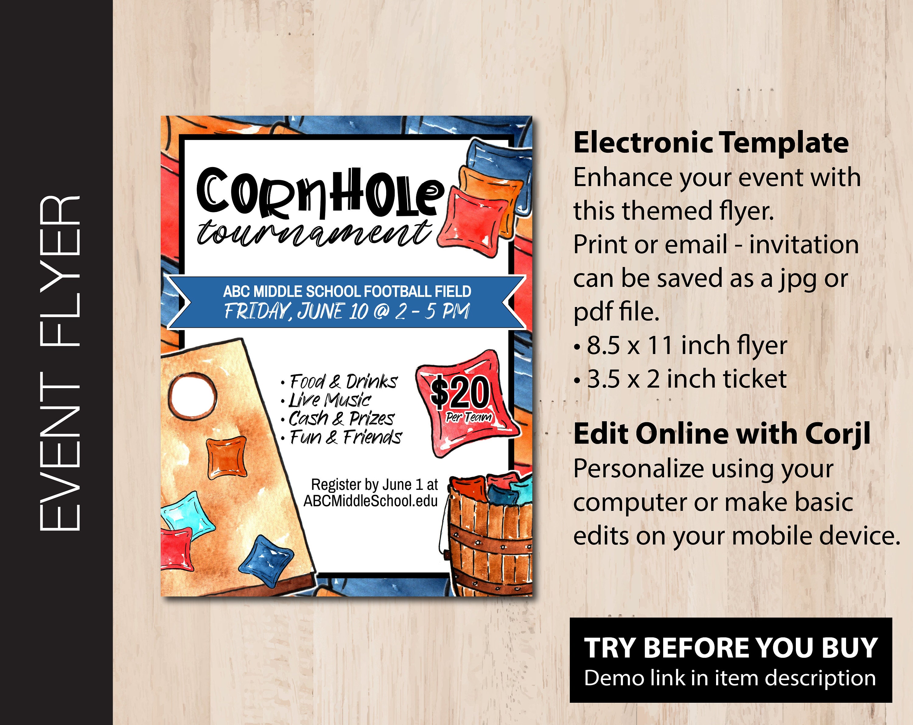 Editable Corn Hole Tournament Flyer | Custom Cornhole Event Invitation ...